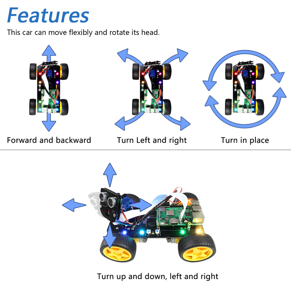 Freenove 4WD Smart Car Kit for Raspberry Pi 5 4 B 3 B+ Zero 2 W, Face