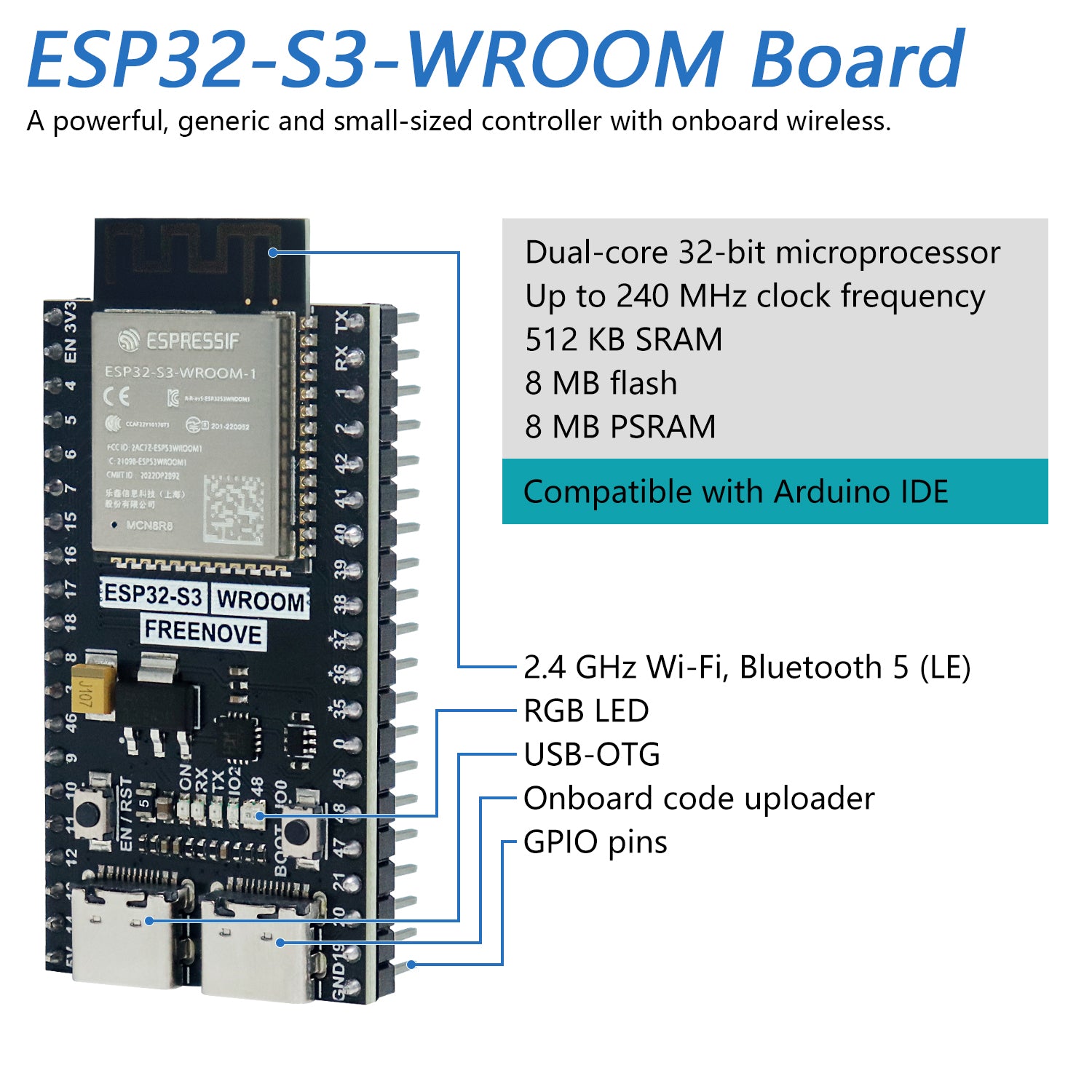 Freenove ESP32-S3 ESP32 S3 Wi-Fi Bluetooth Board Lite, Dual-core 32-bi