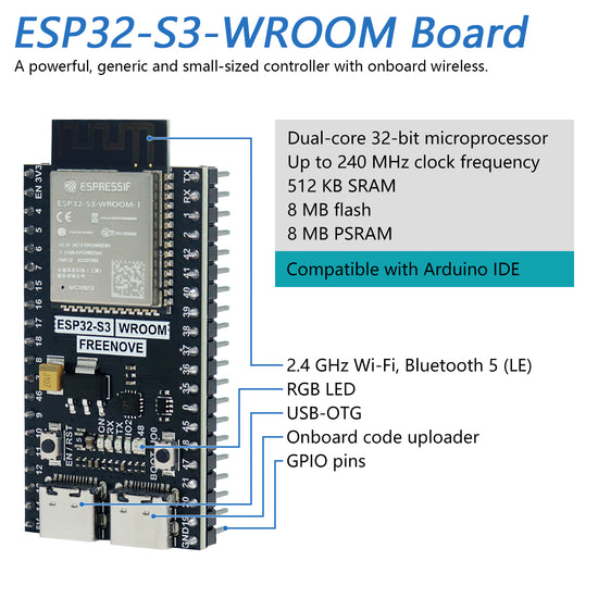 Freenove ESP32-S3 ESP32 S3 Wi-Fi Bluetooth Board Lite, Dual-core 32-bi